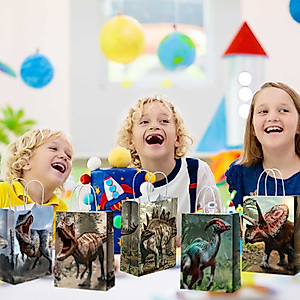 Funrous Dinosaur Gift Party Favor Dino Treat Bags Dinosaur Paper Goodie Bags with Handles Dino Candy Goodie Paper Package for Kids' Birthday Decorations Party Supplies, 8.7 x 6.3 x 3.2 Inch(18 Pcs)