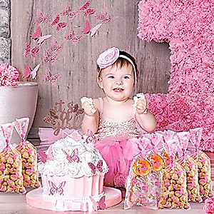 100 Pieces Butterflies Cellophane Goody Bags Plastic Butterfly Candy Bag Butterfly Treat Bags with 100 Pieces Silver Twist Ties for Butterfly Theme Baby Shower Birthday Party Dessert Decors (Pink)