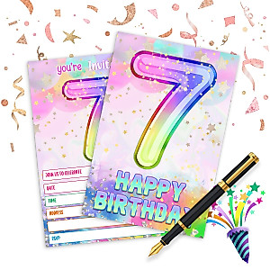 MUZRUYOU 7th Birthday party Invitation Cards, Rainbow Holographic invite with Envelopes（20 pack