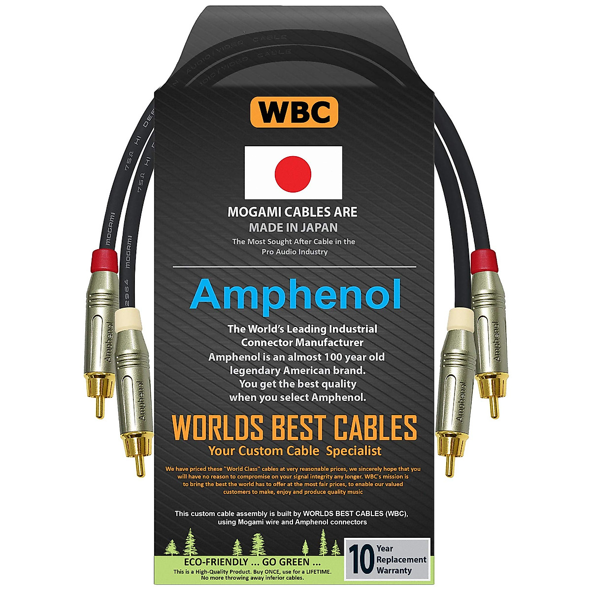 WORLDS BEST CABLES 0.5 Foot – High-Definition Audio Interconnect Cable Pair CUSTOM MADE using Mogami 2964 wire and Amphenol ACPR Die-Cast, Gold Plated RCA Connectors