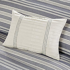 Madison Park Signature Cozy Comforter Set - All Season Bedding Combo Filled Insert and Removable Duvet Cover, Shams, Decorative Pillows, Stripe Blue King (110 in x 96 in) 10 Piece