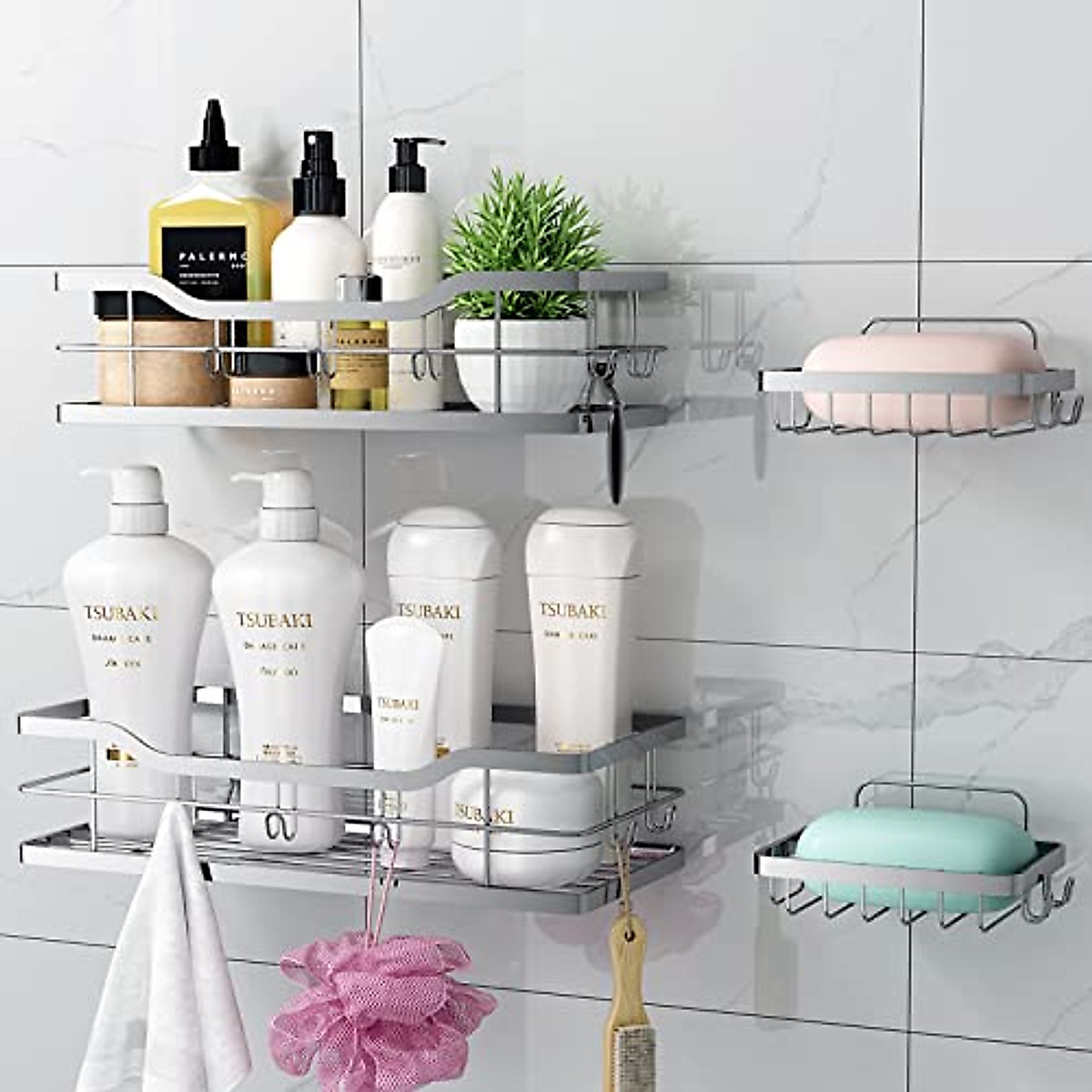4 Pack Shower Caddy Basket Shelf with Soap Holder, No drilling Shower Organizer with 14 Hooks for Hanging Sponge, Towels or Razor, Rustproof Shower Shelves for Bathroom, Kitchen, Toilet, Power Room