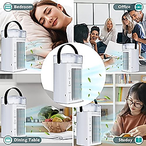 Portable Air Conditioner Fan 4 in1— Desktop Cooling Fan with 4 Wind Speed & 2 Spray Modes, 7 Colors LED Light & 2-8H Timer, 700ml Large Watertank High-Efficiency Cooling Fan for Room Office Bedroom Couch Dining Table, Portable USB Power Bank Notebook Powe