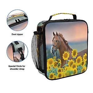 Sunflower Horse Lunch Box for Girls, Insulated Lunch Bag Kids Cooler Freezable Shoulder Strap for School Office
