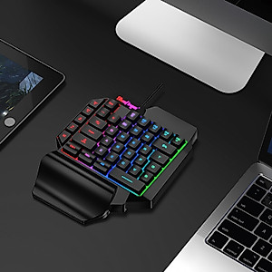 One Hand RGB Gaming Keyboard,USB Wired Rainbow Letters Glow Single Hand Keyboard with Wrist Rest Support Multimedia Keys, Backlit Ergonomic Mechanical Feeling Keyboard for Game