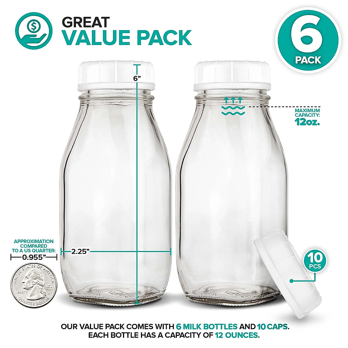 Stock Your Home 12 oz Glass Juice Bottles With Caps (6 Pack) - Reusable Glass Bottles with 10 Tamper Proof Snap-On Caps - Food Grade Glass Bottles - Juice Containers with Lids for Cold Beverages