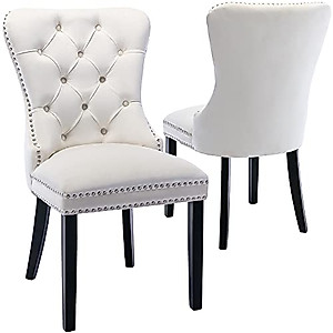 Velvet Button Tufted Wingback Dining Chairs, Mid Century Fabric Upholstered Solid Wood Hostess Parsons Dining Chairs with Nail Heads, Set of 2, Ivory