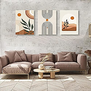 Boho Wall Art Set of 3, Mid-Century Modern Wall Prints Framed Canvas Paintings Minimalist Abstract Geometric Beige Orange Moon Plant Desert Nature Illustrations Artwork, Boho Wall Decor Ready To Hang for Living Room Bedroom Bathroom Office(12"x16")