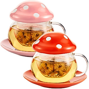 Tessco 2 Pieces Mushroom Cup Cute Glass Tea Cup Mushroom Mug with Filter Infuser and Lid Mushroom Coffee Teapot with Ceramic Lid Coaster Heat Resistant for Christmas, 9.6 oz(Pink, Orange)