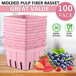 300 Pcs Pulp Fiber Basket Set, 100 Pcs Berry Basket Small Strawberry Vented Fiber Basket 100 Pcs Clear Packaging Bags 100 Pcs Tie Strips for Kitchen Market Fruit Vegetable Produce Storage (Pint Pink)