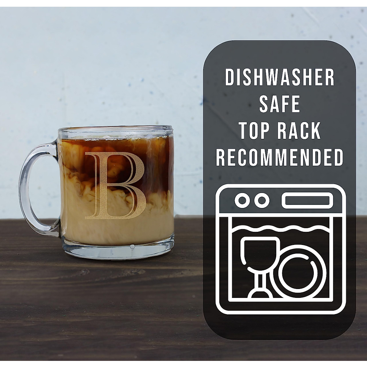 Etched Monogram 12oz Clear Glass Coffee Mug (Letter B), A-Z Customized Gifts for Coffee Lovers, Custom Engraved Gifts for Women Her, Personalized Gift for Men, Initial