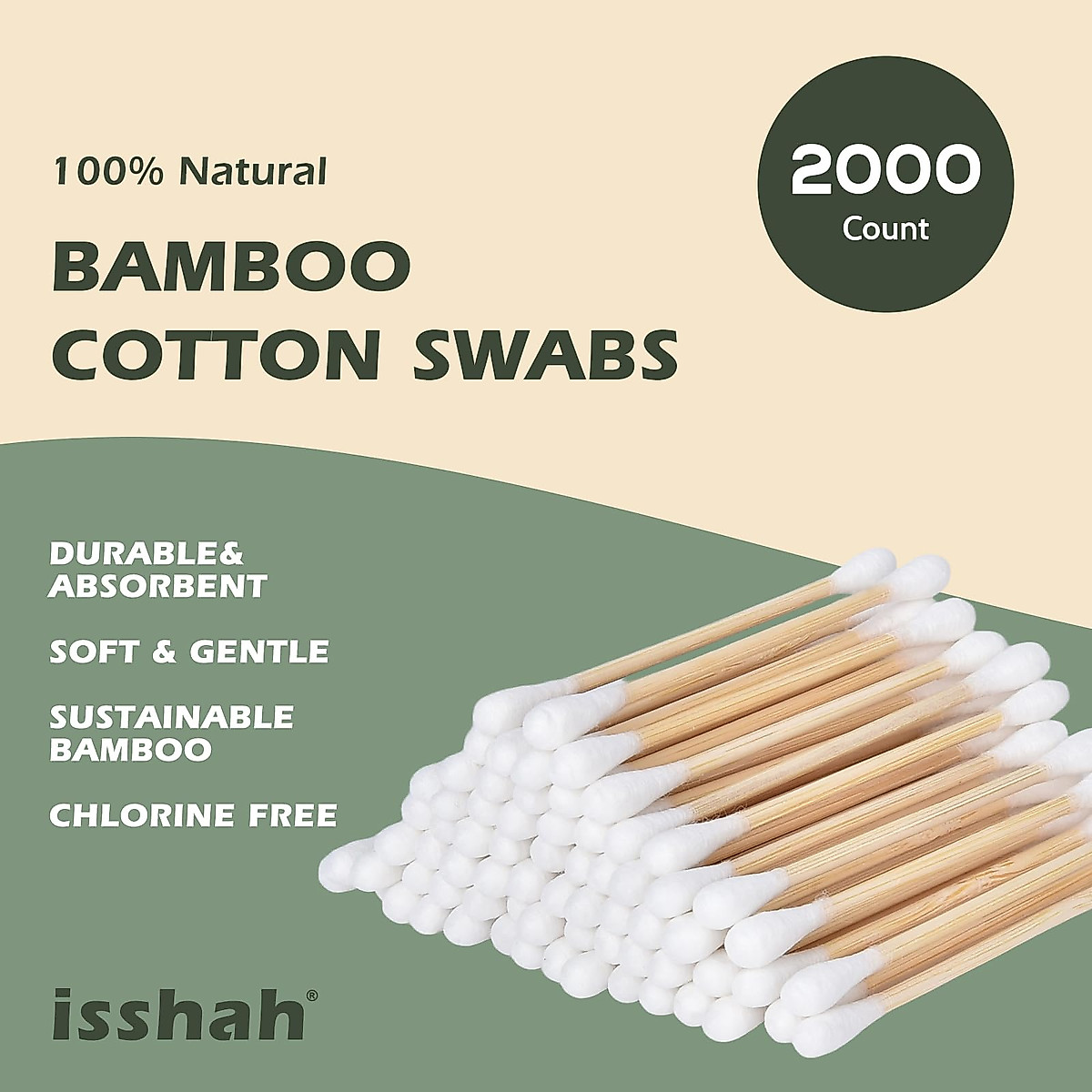 Bamboo Cotton Swabs - 2000 Count - FSC Certified and PETA Approved, Eco Friendly Double Tips, Plastic Free Ear Sticks, All Natural 100% Biodegradable Organic Cotton Buds by Isshah