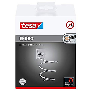 tesa EKKRO Hair Dryer Holder - No Drill Wall Mounted Chromed Metal Blow Dryer Holder - Stainless - Waterproof - Includes Removable Glue Solution
