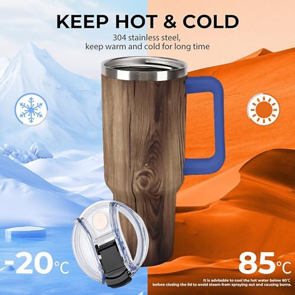 WYUSPGK 40oz Stainless Steel Car Mug, Wood Grain Print Travel Mug, Double-Wall Insulated with Straw, Perfect for Car, Office, Outdoor
