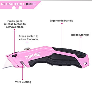 TOPLINE Retractable Pink Utility Knife, Retractable Pink Box Cutter, Blade Storage Design, 18-Piece SK5 Blades and a Dispenser Included (1 PACK(PINK))