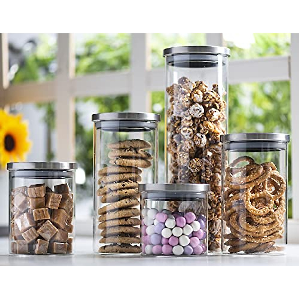 Set of 5 Glass Kitchen Canisters with Airtight Stainless-Steel Lid - Dishwasher Safe, Storage Jars for Kitchen, Bathroom & Pantry Organization, Ideal for Flour, Sugar, Coffee, Cookie Jar, Candy, Snack