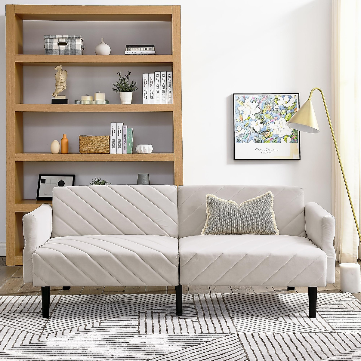 OUYESSIR 78 inch Velvet Futon Sofa Bed, Small Couch, Convertible Futon Sleeper Sofa with Folding Armrests, Modern Loveseat Couch for Bedroom, Living Room (Beige)