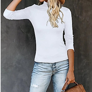 REVETRO Women Long Sleeve Turtleneck Shirts Solid Rayon Slim Fit Stretchy Layer T Shirts Winter Tops White Small……