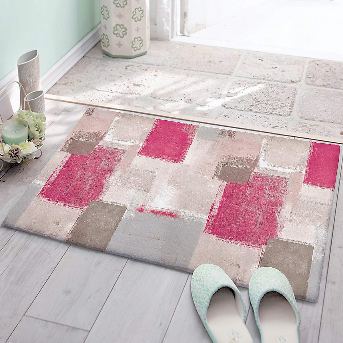 Door mat Floor Door Mats Carpet Geometric Pink Grey Gradient,Non Slip Super Soft Bath Rugs Oil Painting Abstract Art,gy Fuzzy Area Rug for Kitchen/Bathroom/Bedroom/Living Room Decor 18x30In