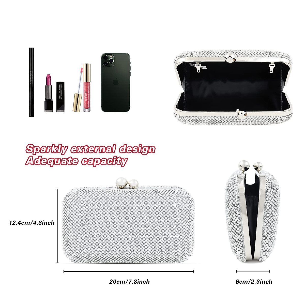 topfive Clutch Purses for Women Evening Bag Rhinestones Clutch Crystal Purse Party Bag with Flora Clasp Wedding Prom (silver-001)