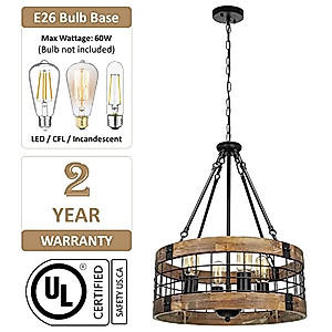 ACNKTZ Farmhouse Rustic Chandelier Light Fixture, 4-Light Round Hanging Pendant Lighting for Dining Room Entryway Kitchen Island Foyer Breakfast Area, Black Wood and Black Metal Finish