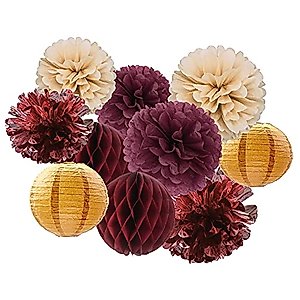 Burgundy Brown Hanging Party Decorations - Tissue Paper Flowers Lantern and Honeycomb Wine Red Champagne for Fall Wedding Bridal Bachelorette Birthday Decor