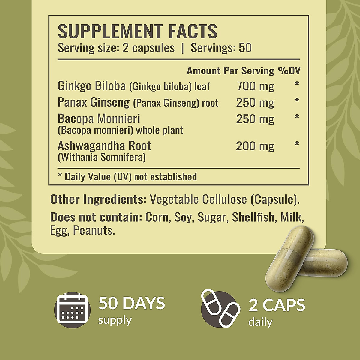 HERBAMAMA Brain Support Capsules - 1400mg Energy and Brain Support Supplement for Adults with Bacopa, Panax Ginseng and Ginkgo Biloba - Vegan, Non-GMO Focus Supplement, 100 Caps