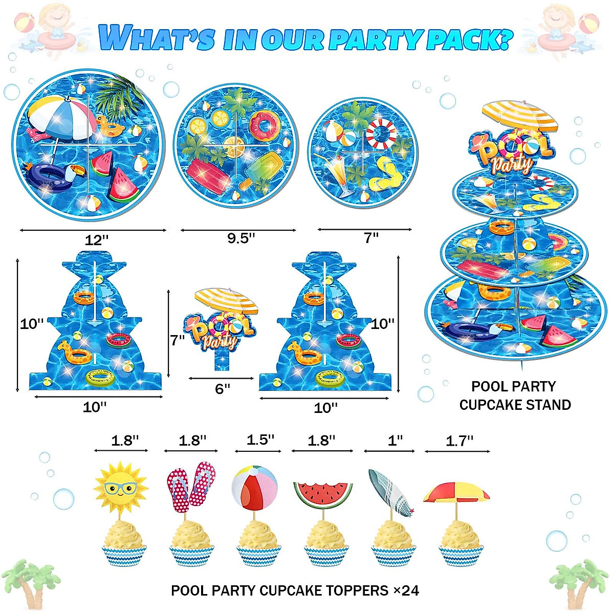 25 PCs Pool Cupcake Stand 3-Tier and Pool Cupcake Topper Set, Fiesec Pool Theme Summer Beach Ball Swimming Hawaii Party Supplies Cardboard Dessert Tower Holder Round Serving Stand Holder