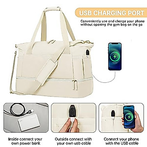 Weekender Bag for Women, Travel Bag with Shoe Compartment & USB Charging Port, Gym Bag with Wet Compartment, Overnight Duffel Bag Hospital Bag for Women Travel Sports Shopping (Off White)