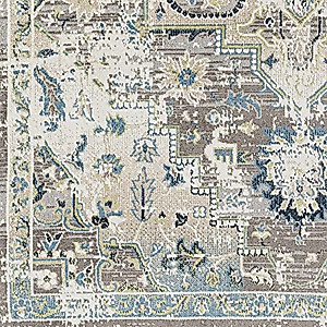 Hauteloom Cabacungan Traditional Persian Medallion Living Room Bedroom Area Rug - Machine Washable Distressed Carpet - Bohemian Oriental - Easy to Clean - Blue, Grey, Beige - 6'7" x 9'
