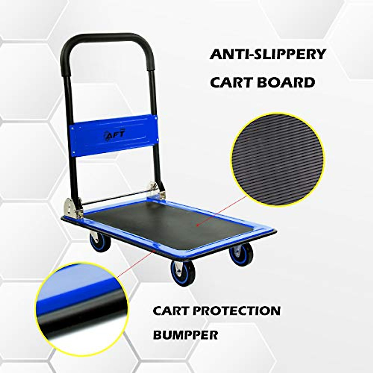 Push Cart Dolly AFT PRO USA Push Platform Truck Folding Rolling Flatbed Cart 360 Degree Swivel Wheels Foldable Handle (Blue, 330LB)