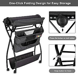 JOYMOR 2-in-1 Folding Baby Changing Table, Moblie Diaper Table for Infant, Portable Diaper Changing Station with Wheels, Large Storage Basket ＆ Shelf Portable Nursery Organizer