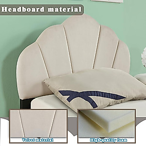 EastVita Twin Size Upholstered Platform Bed with Shell Design Headboard Acacia Wood Bedframe Mattress Foundation No Box Spring Needed for Kids Girls Boys Bedroom