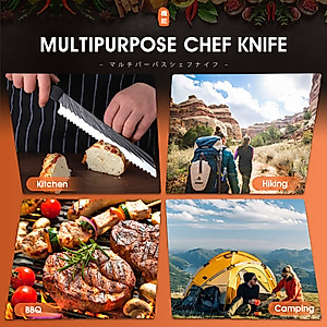 ROCOCO Santoku Chef Bread Knife 7" Feather Viking Knife Set Japanese Forged in Fire Boning Knife High Carbon Steel Kitchen Cleaver for Outdoor Camping BBQ Collection Christmas Gift Men