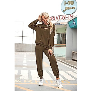 Pink Queen Two Piece Lounge Wear Sweat Sets Casual Relaxed Fit Fall Cutout Pullover Hoodies Tracksuit Ladies Running Active Drawstring Pants with Pockets Chocolate L