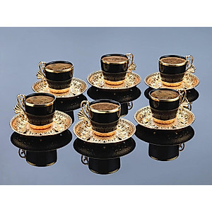 (Set of 6) Demmex Turkish Greek Arabic Coffee Espresso Demitasse Cup Saucer Spoon Set, Black Cups (Gold)