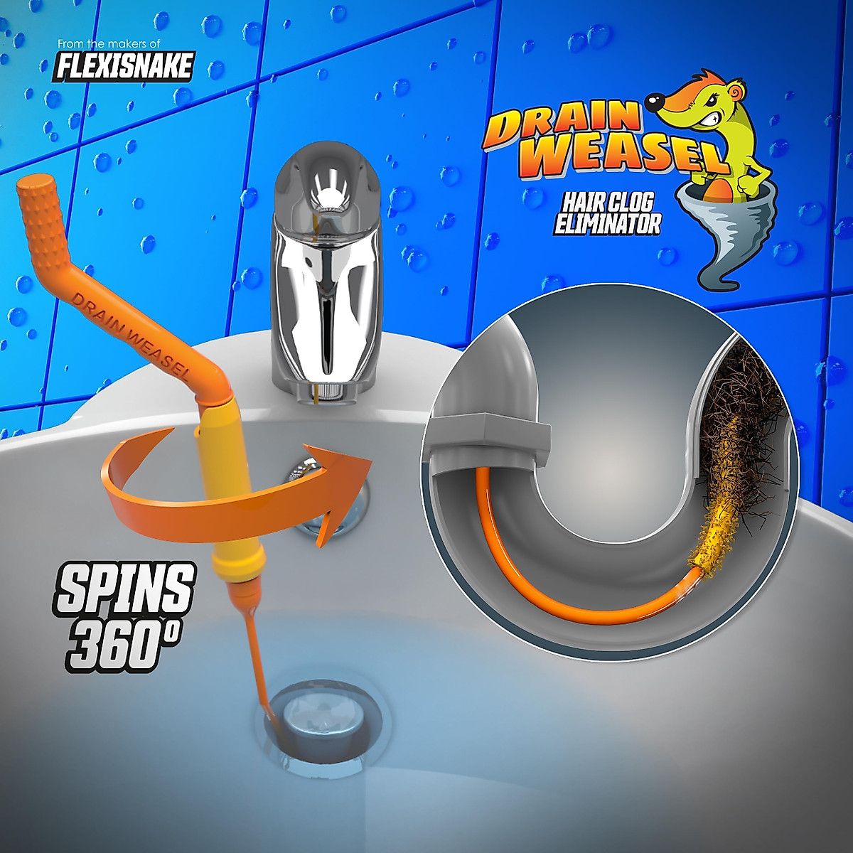 FlexiSnake Drain Weasel Sink Snake Cleaner - 18 inch - Drain Hair Clog Remover Tool with Rotating Handle & 5 Wand Refills - Thin, Flexible, Easy to Use on Most Drains & Grates - Made in USA - (5-Pack)