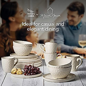 Potter's Corner by Maison Neuve 16-Piece Dinnerware Set Service for 4 - Hand Crafted Bowls and Plates Set w/Mugs, Stoneware Dinnerware Set, Microwave & Dishwasher Safe Plate Set - Oxford White