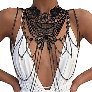 Aiosy Gothic Black Body Chain Sexy Lace Shoulder Necklace Chain Layered Rhinestone Bra Chain Rave Prom Costume Party Body Jewelry for Women