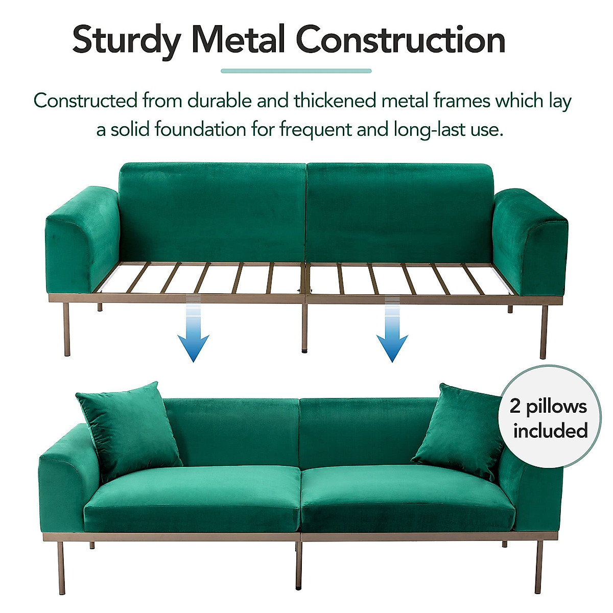 FIQHOME Upholstered Velvet, Modern Metal Legs,Loveseat Sofa Couch with Two Pillows for Living Room and Bedroom (Green)