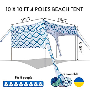Beach Sunshade with Side Wall Shade Windproof Design,Sun Shelter UPF50+ Portable Family Canopy Tent Anchors 10x10 FT 4 Poles Pop Up Outdoor Shelter for Beach,Backyard and Picnics