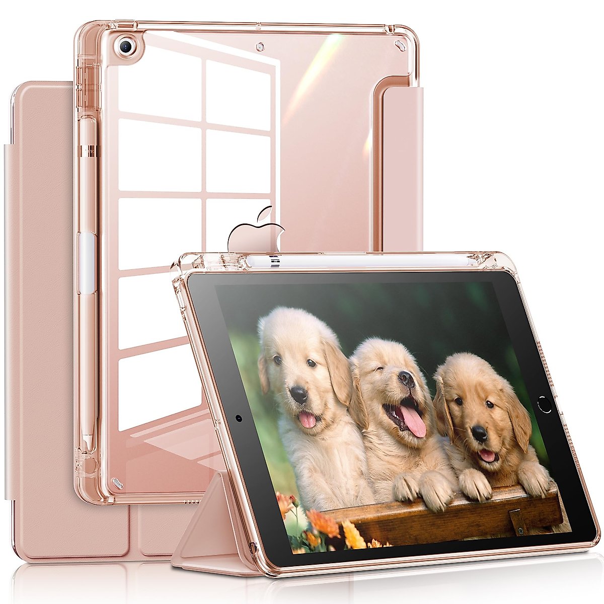 INFILAND Case Compatible with iPad 9th /8th /7th Generation Case(2021/2020/2019),【Ultra-Clear Back & PU Leather Cover】【6 FT Drop Protection】 iPad 10.2 Inch with iPencil Holder-Clear Silver