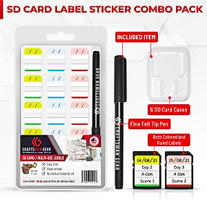 CGI Color (6) Coded Self Adhesive 120 SD Card Labels, 6 Cases, Felt Pen & Container Made in USA Removable Smudge Residue Free Writable Water Fade Resistant Stickers to Organize Memory Cards