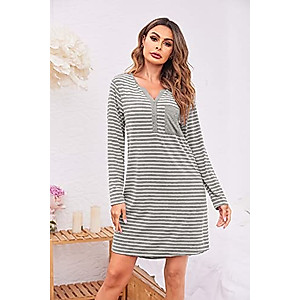 Ekouaer Women's Nightshirt Long Sleeve Button Down Nightgown V-Neck Sleepwear Pajama Dress