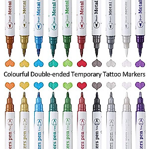 Ponhey Temporary Tattoo Markers, 10 Body Markers + 67 Large Tattoo Stencils for Kids and Adults, Skin-safe and Coloured Ink Double-ended Tattoo Pens Make Bold and Fine Lines for Body and Facial Art