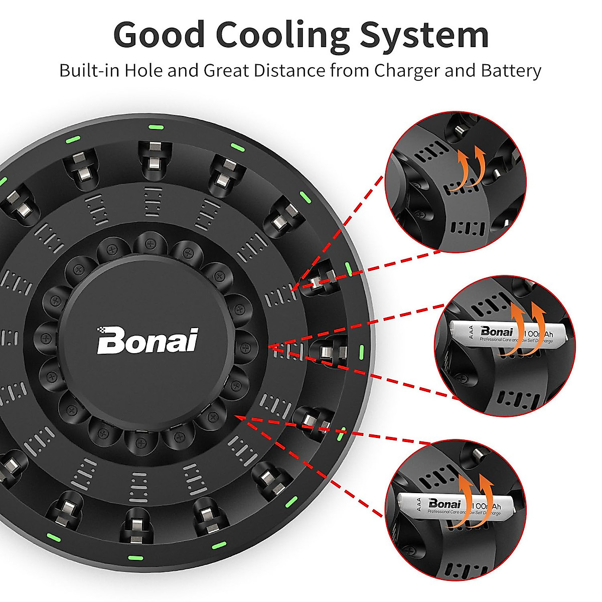 BONAI AA AAA Rechargeable Battery Charger for NiMH NiCD Batteries with AC High-Speed Plug Cable and Smart LED Light