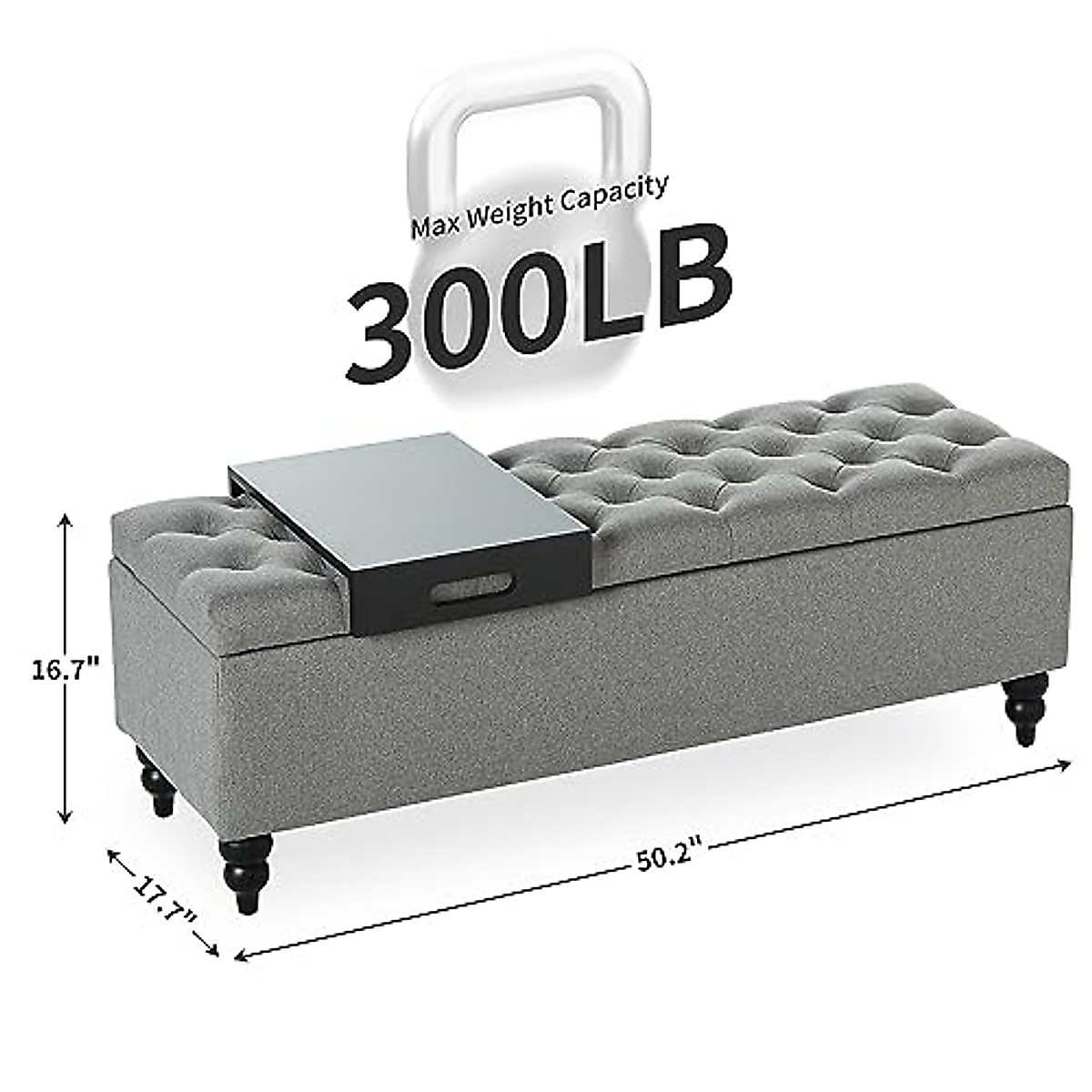 Busaurus Storage Ottoman Bench 50.2 Inches, Upholstered End of Bed Ottoman Bench with Storage and Seating, Large Blanket Storage Bench for Foot Rest in Bedroom, Living Room, Entryway (Grey with Tray)