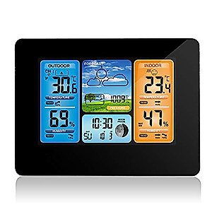 Peahog Weather Station Wireless Indoor Outdoor Thermometer, Color Display Digital Weather Station with Atomic Clock Calendar Temperature Alarm Forecast Station with Barometer and Adjustable Backlight