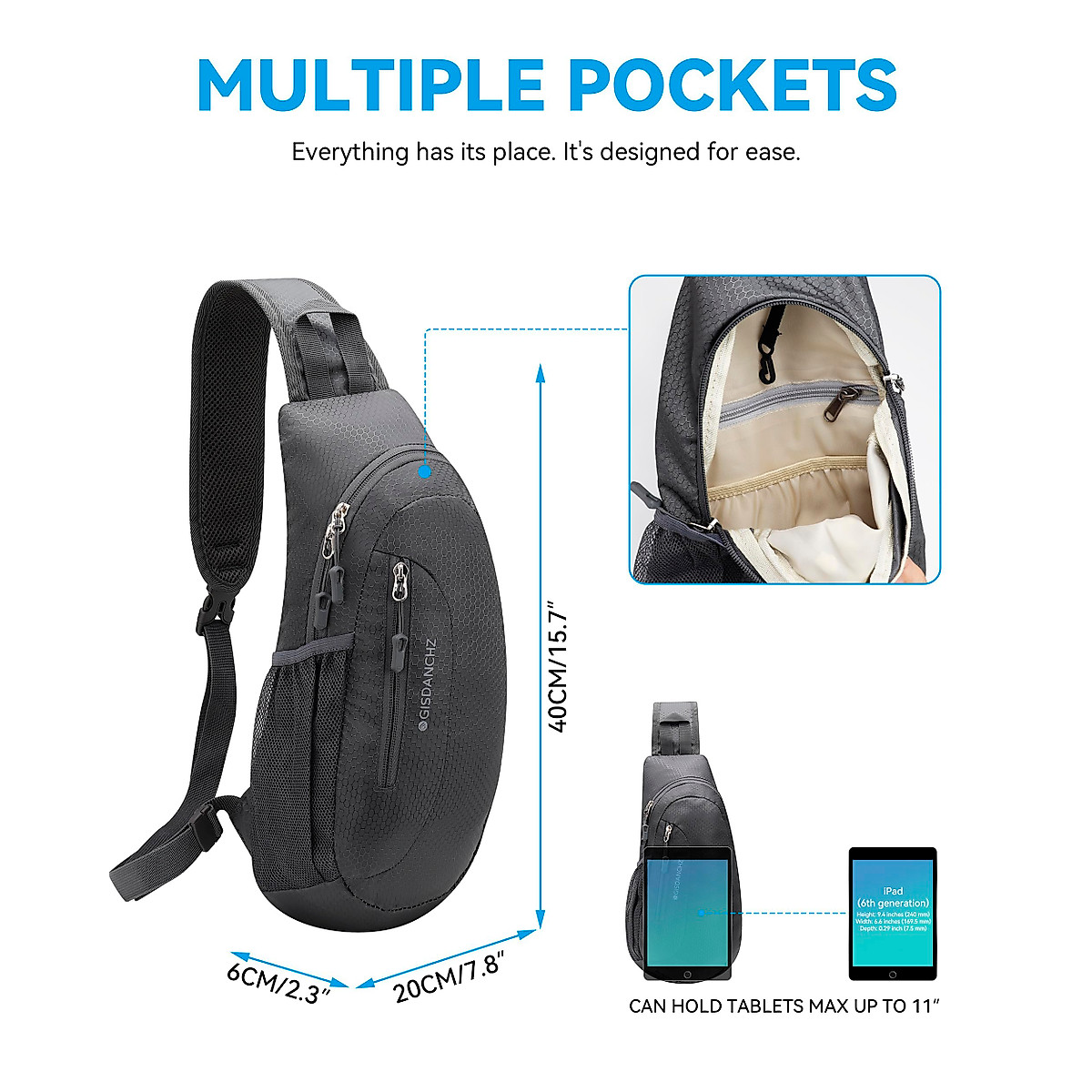 Gisdanchz Sling Bag for Men Women Sling Backpack Small Slim Sling Bags Cross Body Bag for Women Men Crossbody Shoulder Chest Bag Travel Hiking Daypack Sling Bag with Water Bottle Holder, Dark Gray