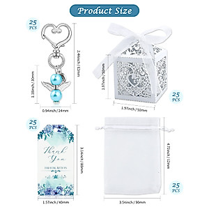 YETOOME 100 Pcs Baby Shower Favors for Boys, Angel Keychains Favor Baptism Favor Boxes White Organza Bags with Drawstring Thank You Tags for Baby Shower Baptism Party Gift, 25 Sets (Blue)